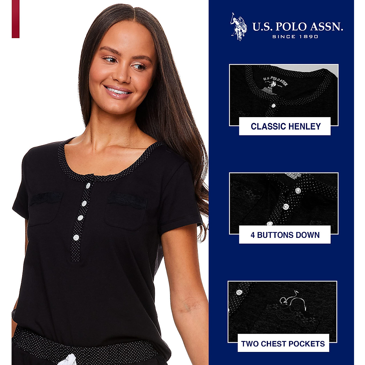 U.S. Polo Assn. Womens Pajamas - Short Sleeve PJs with Jogger Pajama Pants (Black, Large)