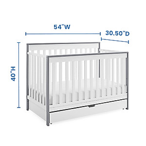 Delta Children Mercer 6-in-1 Convertible Crib with Storage Trundle, Greenguard Gold Certified, Bianca White/Grey