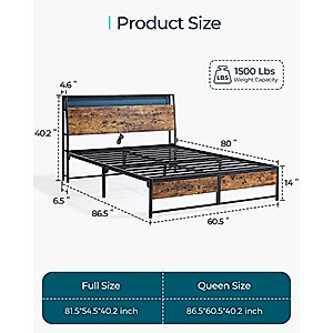 LINSY Queen Bed Frame with Ergonomic Headboard, Fast Assembly Metal Industrial Bed Frame with Lights & Charging, 14 inch Bed Frame Queen Size with Storage, No Box Spring Needed, Rustic Brown