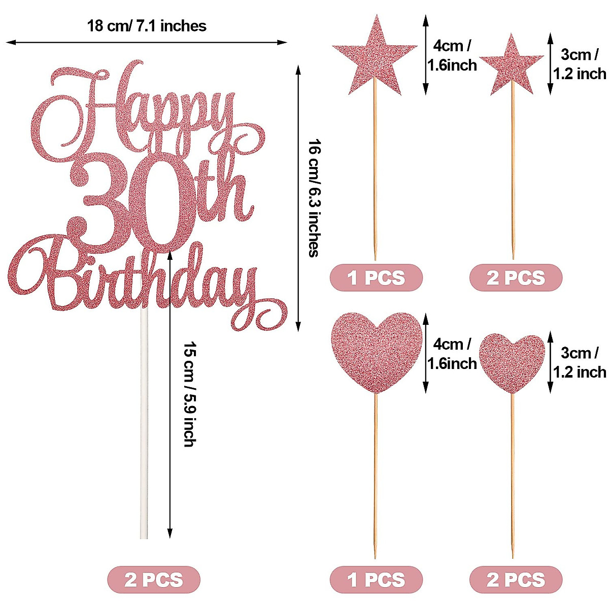 30th Birthday Cake Decorations Set Include 30th Birthday Candles Numeral 30 Cake Candles and Happy 30th Birthday Cake Toppers with Heart Star Cupcake Picks for Birthday Party (Rose Gold Series)