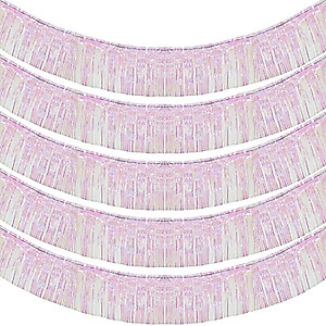 Blukey 10 Feet by 15 Inch Iridescent White Foil Fringe Garland - Pack of 5 | Metallic Tinsel Banner | Ideal for Parade Floats, Bridal Shower, Bachelorette, Birthday, Christmas | Wall Hanging Drapes
