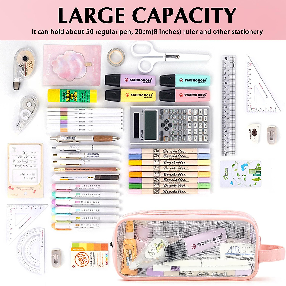 Large Grid Mesh Pencil Case 2 Compartments, Clear Pen Pencil Pouch with Zipper, Multifunction Transparent Stationery Bag for Student College Office Teen Boys Girls Makeup Bag for Adults Travel (Pink)