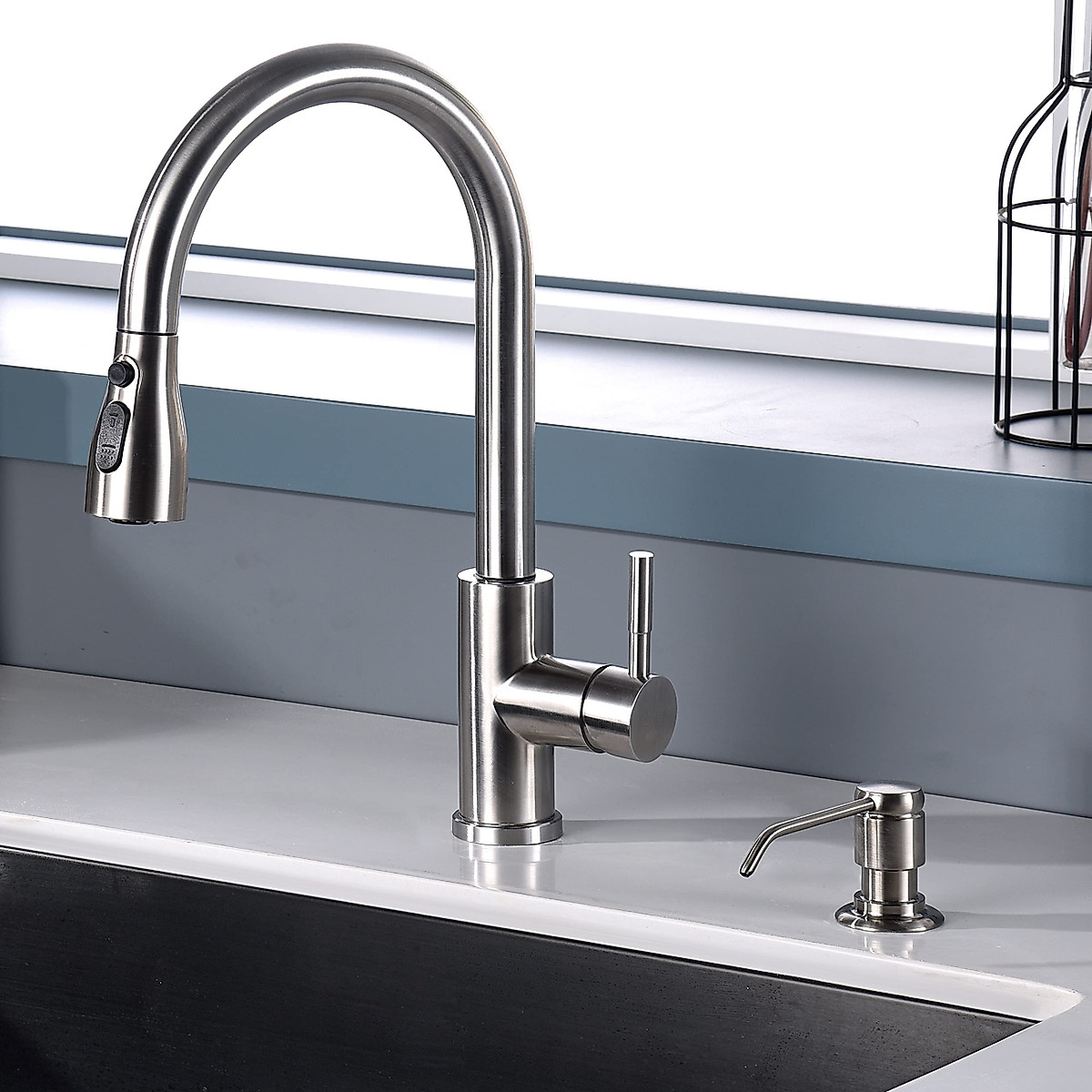 GAGALIFE Soap Dispenser for Kitchen Sink (Brushed Nickel) and Extension Tube Kit, Complete Brass Head, 40" Silicone Tube Connect to The Soap Bottle Directly, Say Goodbye to Frequent Refills