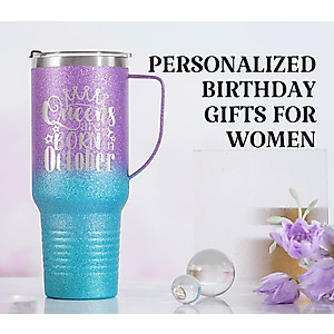 Onebttl Funny Birthday Gifts for Women, Her, Birthday Queen, 40 oz Tumbler with Handle, Glittery Purple and Teal Ombre, Queens are Born in July