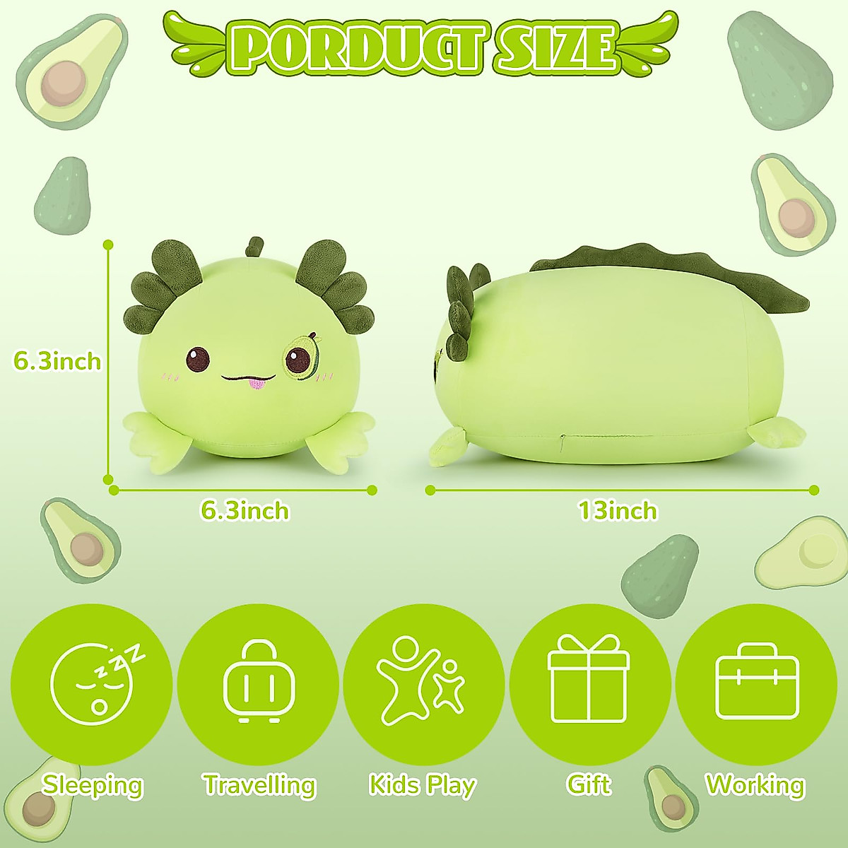 Axolotl Plush Toy-13'' Green Axolotl Plush Stuffed Animal, Avocado Axolotl Plush Pillow, Cute Soft Plush Axolotl Plushie Stuffed Toys, Axolotl Plush Pillows Decoration Gift for Kids Girls Boys
