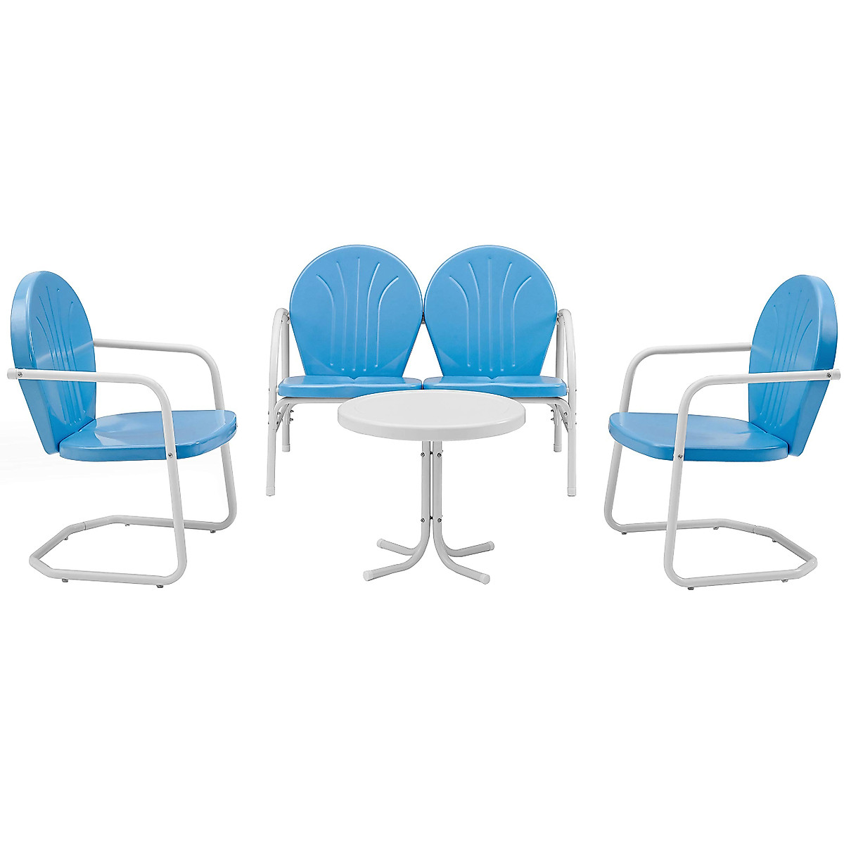 Crosley Furniture Griffith 4-Piece Retro Metal Outdoor Loveseat Patio Furniture Set for Porch, Deck, Balcony, Sky Blue