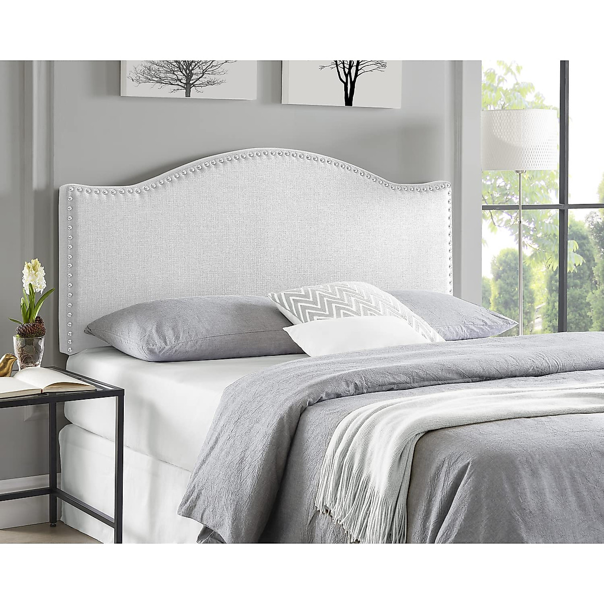 Catalina Queen Headboard Only, Height Adjustable Bed Headboard Queen Size, Nailhead Tufted Headboard Queen Size with 12 Positions, Metal Legs, Wall/Bed Mount, Linen Fabric Headboard Queen, White