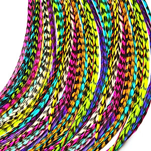 Feathers for Hair, 20 Rainbow Rooster Feathers Hair Extensions Kit with Silicone Beads and Loop Tool All Bright Colors- Pink, Blue, Red, Purple, Orange, Yellow, Green Striped Grizzly Feathers
