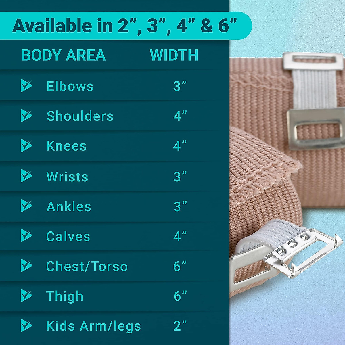 MEDca Elastic Compression Bandage Wrap - First Aid Bandages Roll Measures 2", 3", 4", 6" x 5 Ft with 4 Extra Hooks - Athletic Sports Stretch Wraps for Ankle, Wrist, Arm & Leg Sprains (Pack of 8)