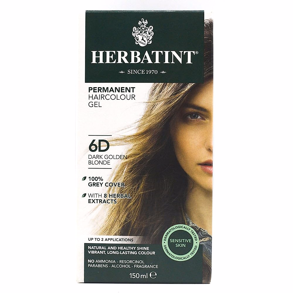 Herbatint Permanent Haircolor Gel, 6D Dark Golden Blonde, Alcohol Free, Vegan, 100% Grey Coverage - 4.56 oz