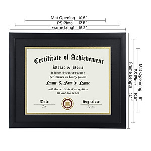 ELSKER&HOME 8.5×11 Certificate Frame - Classic Black Color Frame - Displays Diploma 8.5×11 Inch with Mat - 11×14 Inch Without Mat - For Document/Photo(Double Mat - Matte Black with Gold Rim)