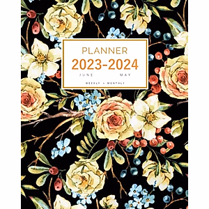 Planner 2023-2024: 8x10 Weekly and Monthly Organizer Large from June 2023 to May 2024 | Vintage Rose Wildflower Berry Design Black
