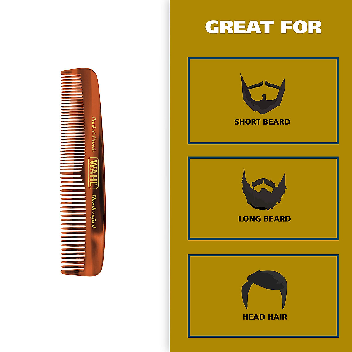 Wahl Beard, Mustache, & Hair Pocket Comb for Men's Grooming - Handcrafted & Hand Cut with Cellulose Acetate - Smooth, Rounded Tapered Teeth - Model 3324