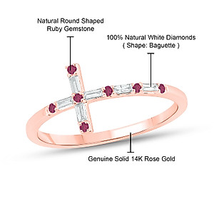 1/20cttw White Baguette Diamond and Gemstone Sideways Cross Ring for Women in 14k Gold, Women's Horizontal Cross with Choice of Natural Gemstone or Round Diamond in 14k Yellow, Rose or White Gold