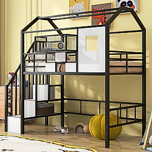 Twin Loft Bed with Storage Stairs, Roof, Window and Guardrail, House Loft Bed Twin Size/Metal Loft Bed with Storage Box, Twin Loft Bed for Kids, Girls Boys, Twin Size House Loft Bed Black
