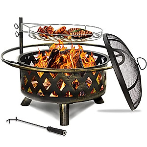 UDPATIO Fire Pit with Grill for Outside 30 Inch Outdoor Wood Burning Firepit Large Steel Firepit with Cooking Swivel BBQ Grill for Backyard Bonfire Patio