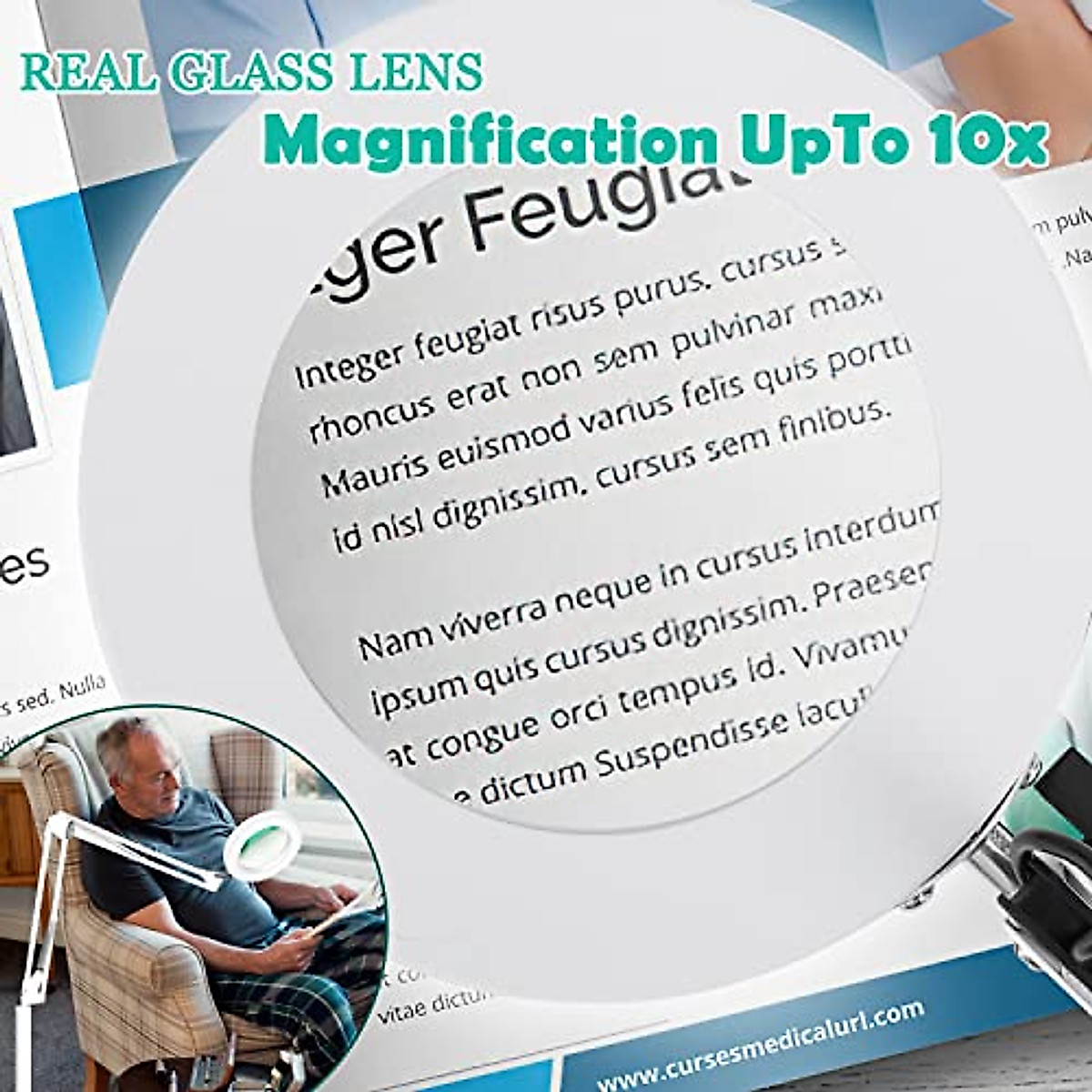 TOMSOO 4-in-1 Magnifying Glass with Light, White/Warm White Lighted Magnifier Lens - Adjustable Swivel Arm Full Spectrum LED Magnifying Floor Lamp with Clamp for Reading, Crafts, Close Work (White)