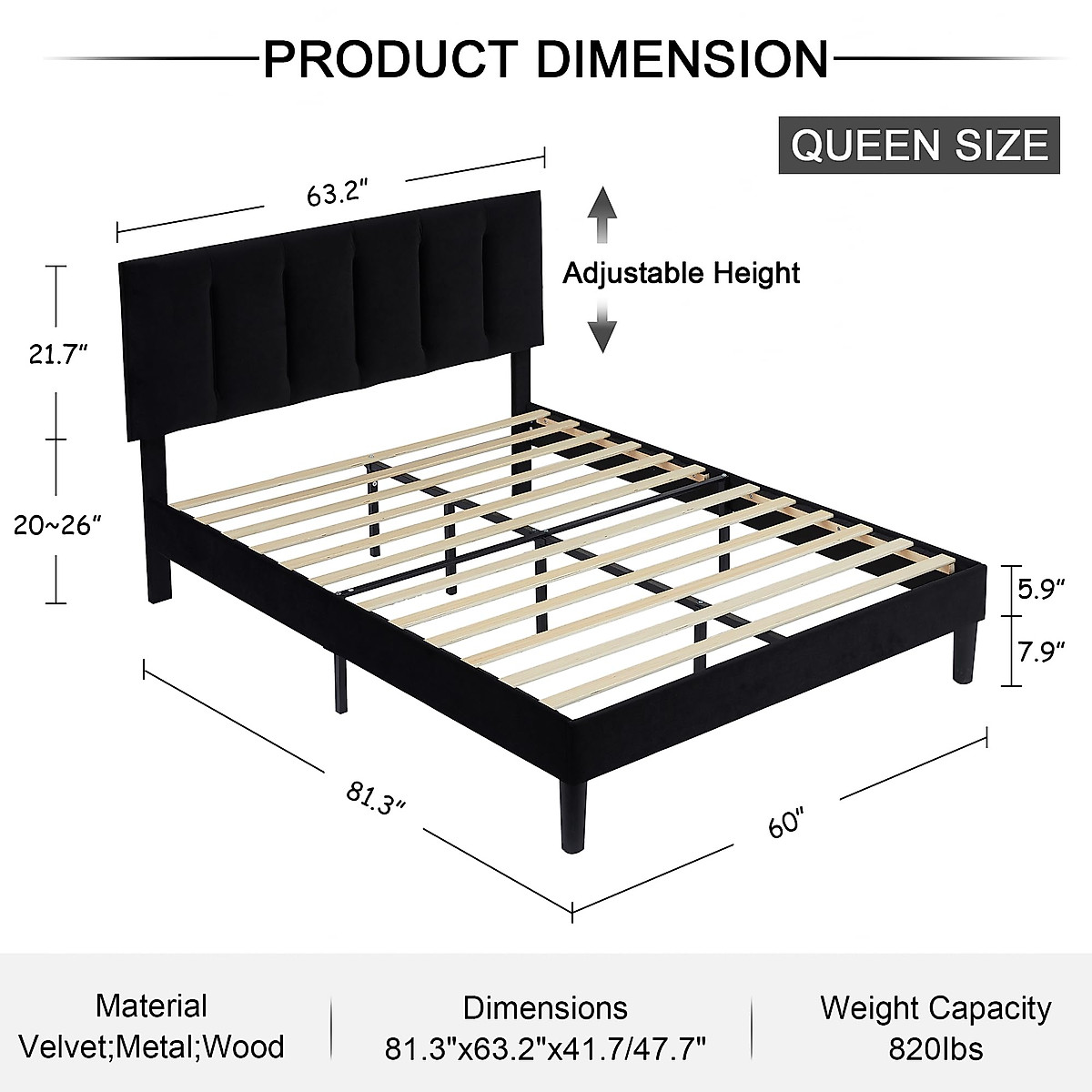 VECELO Queen Bed Frame with Upholstered Headboard, Platform Mattress Foundation with Strong Wooden Slats Support, No Boxing Spring Needed, Easy Assembly, Black