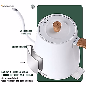 Fooikos Electric Gooseneck Kettle 0.8L for Pour Over Coffee and Tea, Food Grade 304 Stainless Steel, 1000W Quick Heating (White)