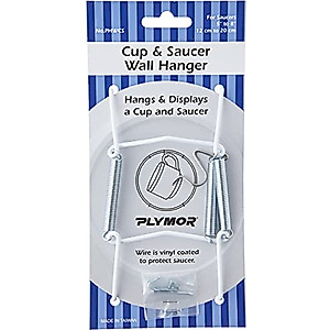 Plymor White Vinyl Finish Wall Mountable Tension Cup & Saucer Hanger (2 Pack), 8" H x 2.75" W x 1" D