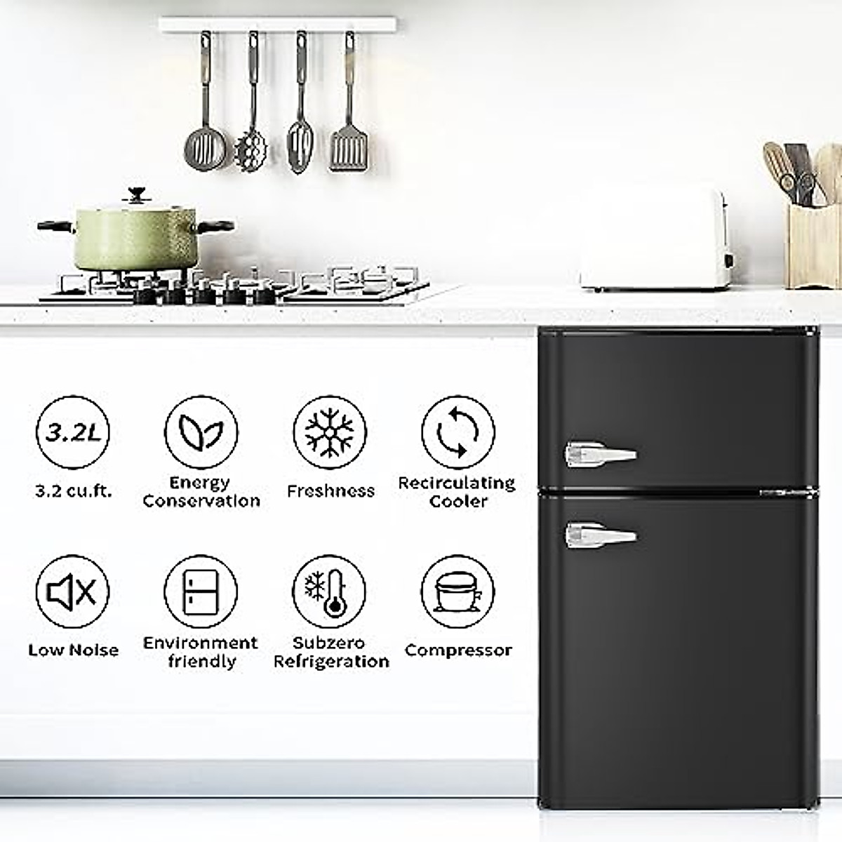 Antarctic Star Compact Mini Refrigerator Separate Freezer, Small Fridge Double 2-Door Adjustable Removable Retro Stainless Steel Shelves Garage Camper Basement/Dorm/Office 3.2 cu ft.Black