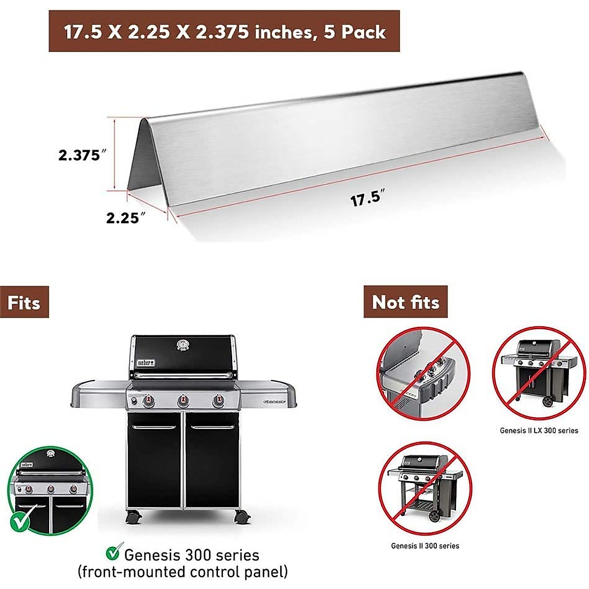 QuliMetal SUS304 Flavorizer Bars SUS304 Grill Burner and #65505 7622 Heat Deflector for Weber Genesis 300 Series (E310 E320 E330 S310 S320 S330) with Front Control Knobs