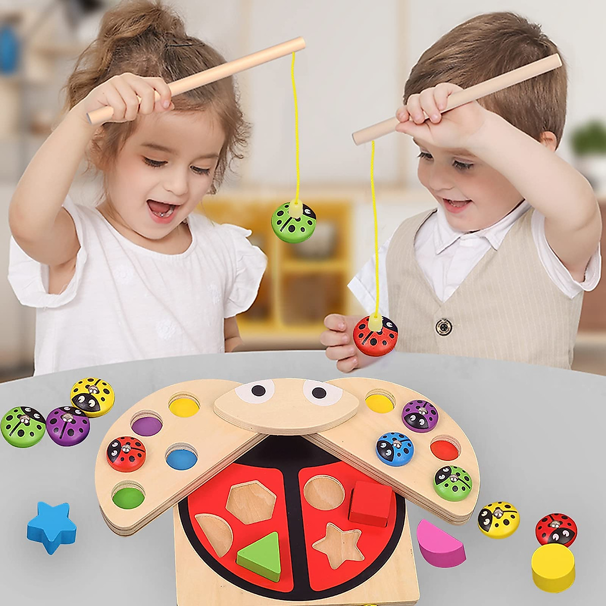 Uncle Nick Magnetic Fishing Game for Toddlers Wooden Shape Sorter Toys Montessori Toys for 3 Year Old Girls and Boy Birthday Gift, Fine Motor Skill Developmental Toy for Preschool Toddlers