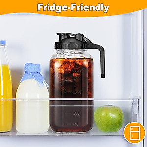 UYEIKMLOP 64 OZ Mason Jars with Lid, Glass Pitcher Double Leak Proof with Pour Spout Handle, 2 Quart Wide Mouth Breast Milk Pitcher for Fridge, Creamer Container for Coffee, Sun Tea(Black,1 Pack)