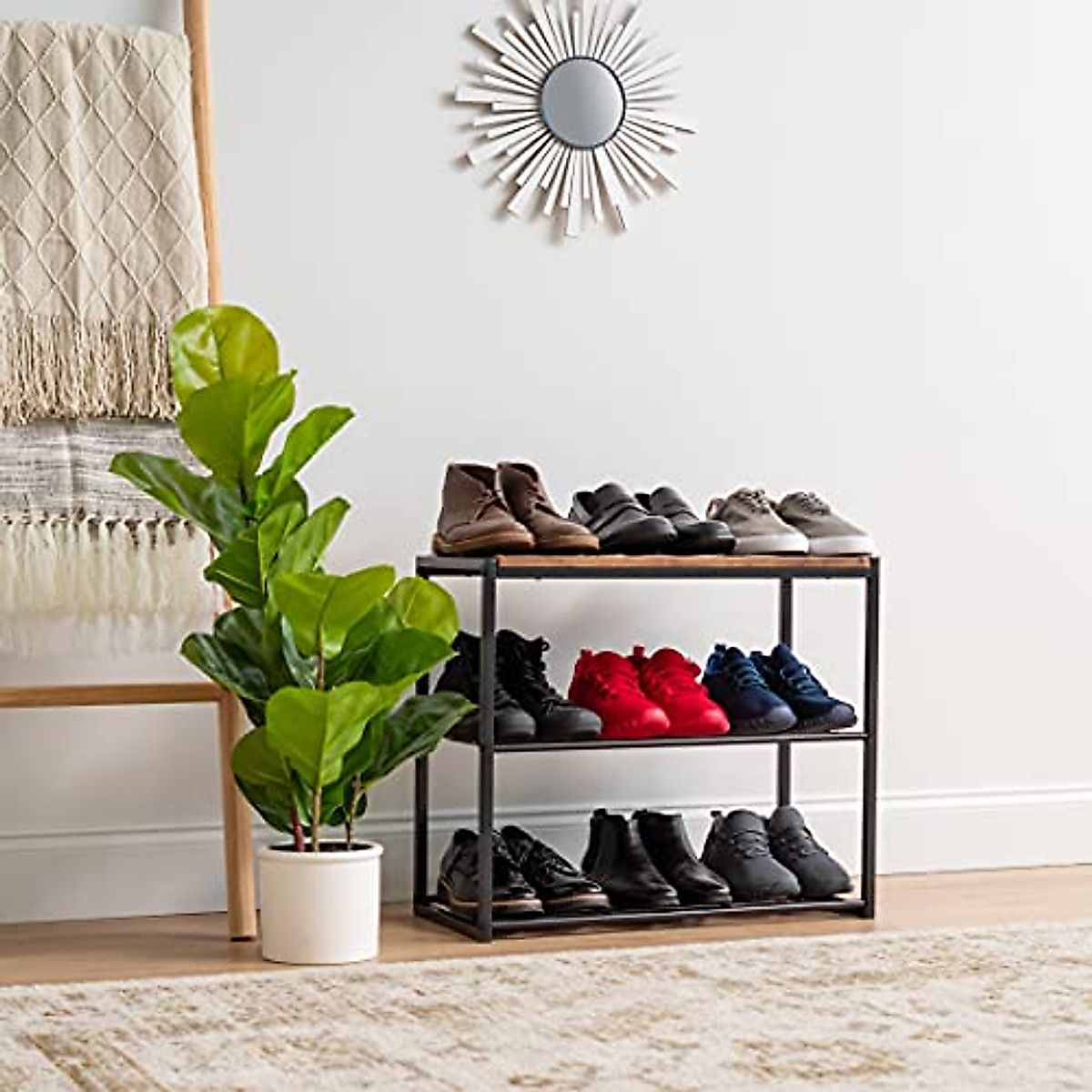 IRIS USA 3-Tier Shoe Bench for Entryway, 6 Pairs Extendable Shoe Organizer for Closet, Stackable Shoe Storage Organizer, Wood and Metal Shoe Rack Bench