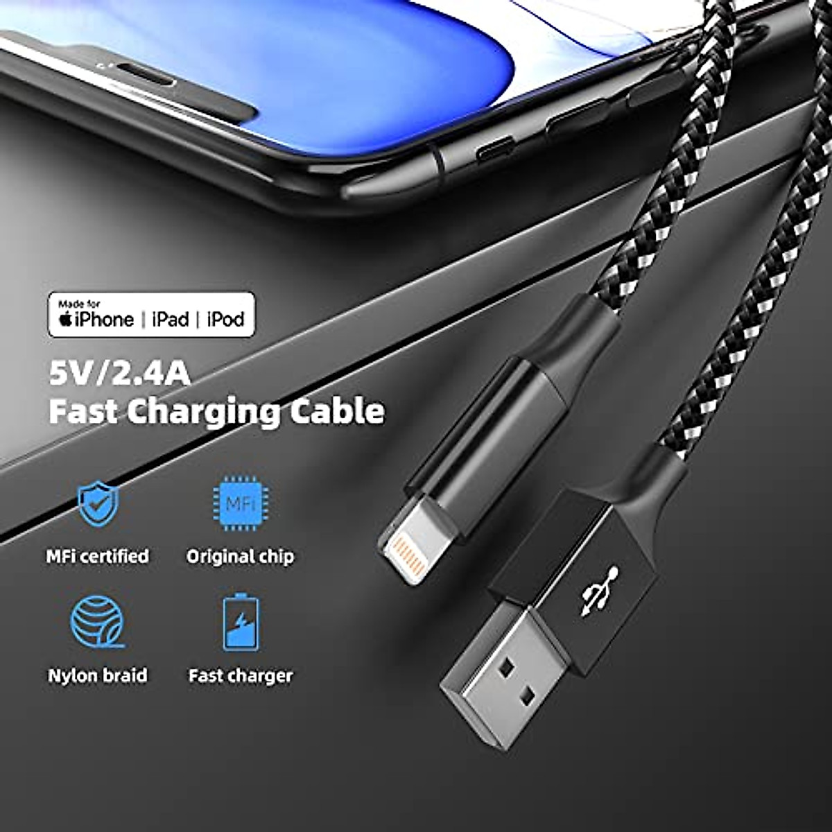 iPhone Charger [Apple MFi Certified] 3pack 10FT Long Lightning Cable Fast Charging High Speed Data Sync USB Cable Compatible iPhone 13/12/11 Pro Max/XS MAX/XR/XS/X/8/7/Plus/6S (Blacl)