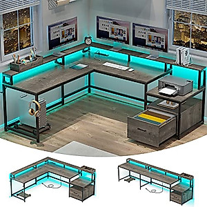 SEDETA L Shaped Desk, 66" Home Office Desk with File Drawer & Power Outlet, Gaming Desk with Led Lights, Corner Computer Desk with Monitor Shelf, Printer Storage Shelves, Two Person Desk, Grey