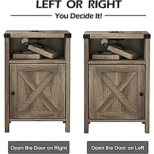 Farmhouse Nightstand Set of 2 with Charging Station,Industrial Bedside Table with Storage Living Room Bedroom Side Table End Table with Barn Door,Grey