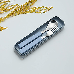 VANRA 2-Piece Children Flatware Set 18/10 Stainless Steel Child Tableware Set Silver Cutlery Set Silverware Dinner Utensils Spoon Fork Set with Travel Case for Kids (Chrome Finished) (Blue)