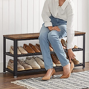 VASAGLE, 3-Tier Shoe Rack, Shelf Storage Bench with Metal Mesh Shelves and Seat, Free Standing Shoe Organizer for Entryway, 11.8 x 39.4 x 17.7 Inches, Rustic Brown and Black ULBS078B01