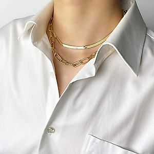 BaubleStar Link Layered Collar Necklace Gold Layering Paperclip Chain Herringbone Snake Choker Statement Fashion Jewelry for Women