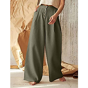 Mingzhu Womens Casual High Waist Cotton Linen Palazoo Pants Summer Wide Leg Trousers with Pockets(0610-Green-S)