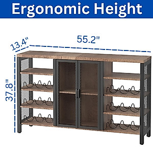 COZY EAGLE Industrial Wine Bar Cabinet, Coffee Bar Table with Storage & Rack for Liquor and Glasses for Home kitchen, Dining Room, 55.2 Inch Rustic Oak
