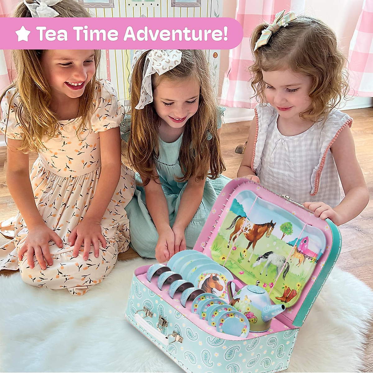 Jewelkeeper Toddler Toys Tea Set for Little Girls - 15 Pcs Tin Tea Set for Kids Tea Time Includes Teapot, 4 Tea Cup and Saucers Set and 4 Snack Plates , Horse Tea Party Set with Carrying Case