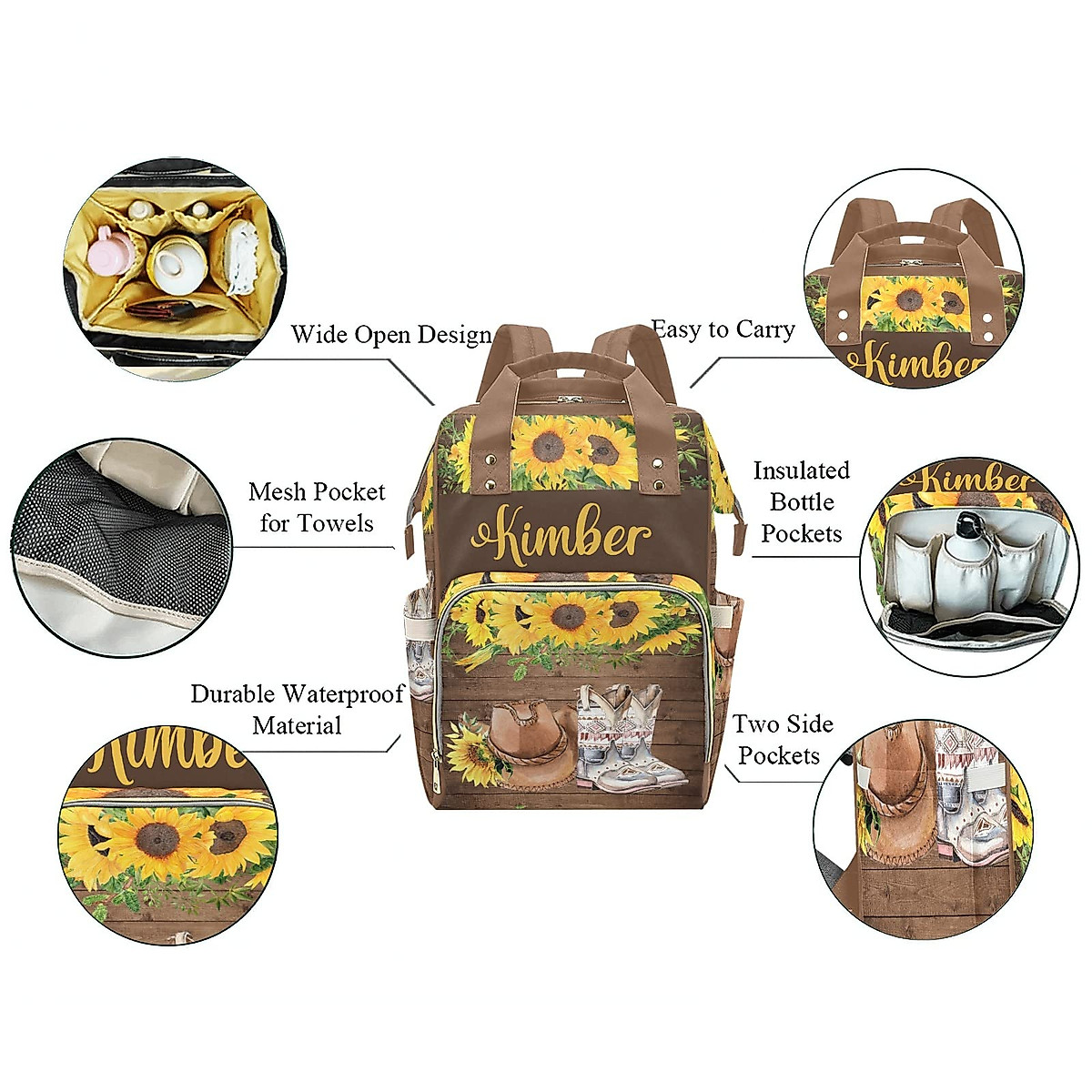 Sunflower Wood Cowboy Hat Boot Personalized Diaper Backpack with Name,Custom Travel DayPack for Nappy Mommy Nursing Baby Bag One Size