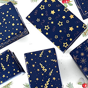 Wrapping Paper Flat Sheets - Birthday Wrapping Paper Set with Sticker Ribbon - Gift Wrapping Paper with Dark Blue and Gold Stripes Star Design - Navy Blue Wrapping Paper for Men Boy - Birthday Gift Wrap for Christmas, Hanukkah, Birthday, Graduation, Fathe