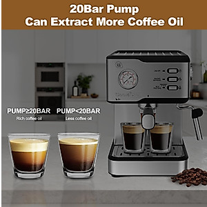 Geek Chef Espresso Machine 20 Bar Pump Pressure Cappuccino latte Maker Coffee Machine with ESE POD filter&Pressure gauge, 1.5L Water Tank 950W, Silver