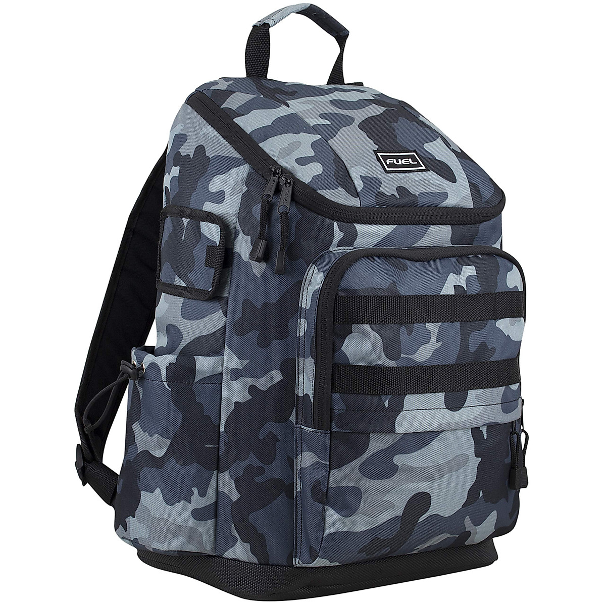 FUEL Multi-Pocket Cargo Backpack with High Capacity Top-Loader Entry, Black/Midnight Blue/Camo