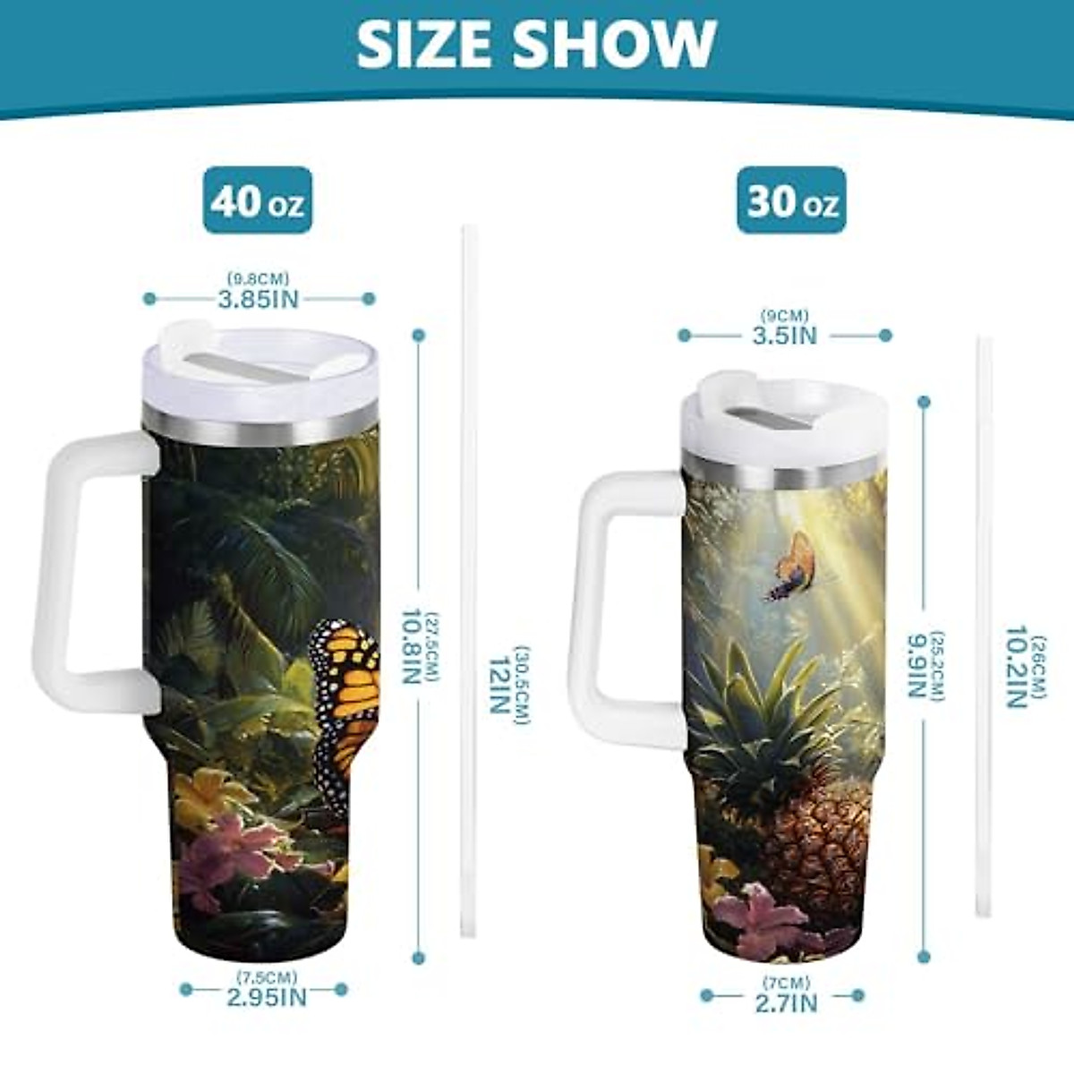 Slewiaeky Tumbler with Handle 40 oz Tropical Butterfly Insect Travel Mug with Lid and Straw Pineapple Stainless Steel Vacuum Insulated Water Bottle Cup for Iced Tea Coffee Cold Beverages Cup Holder F