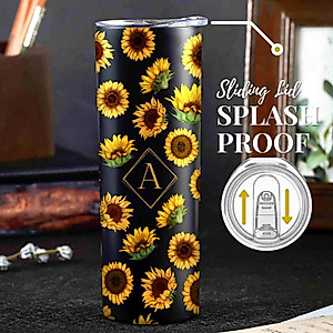 Onebttl Sunflower Gifts with Initial for Sunflower Lovers, Initial 20 oz Stainless Steel Wine Tumbler with Sunflower Design, Perfect Gifts for Women & Girls, Birthday, Christmas, Mother's Day - A