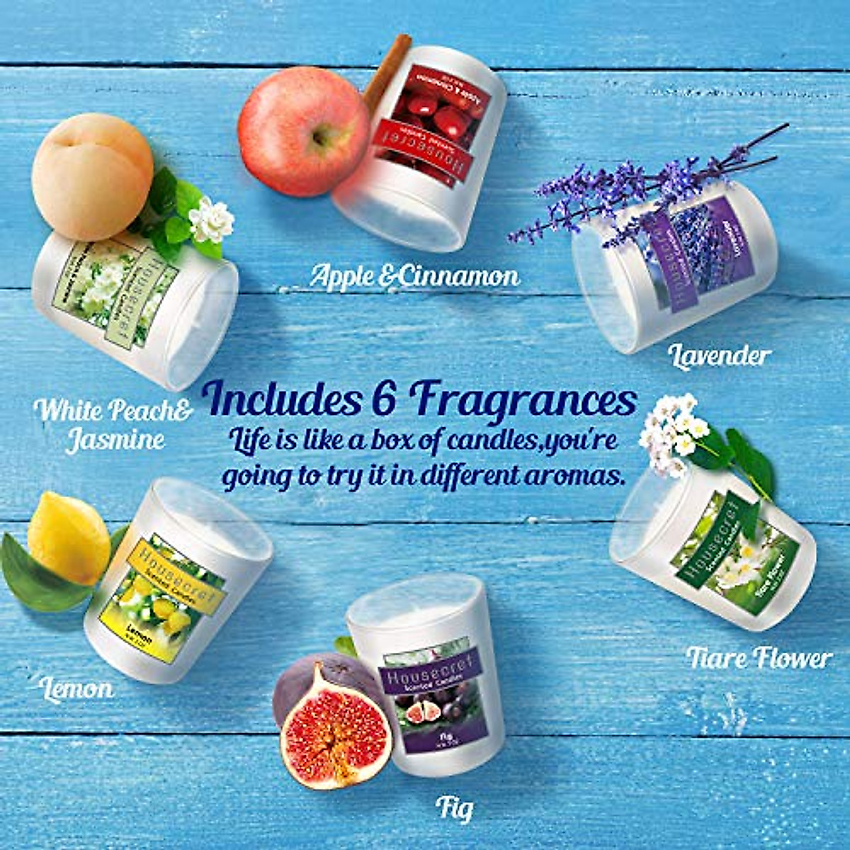 Housecret Pack of 12 Strong Scented Candles Gift Set with 6 Fragrances for Home and Women, Aromatherapy Soy Wax Glass Jar Candle