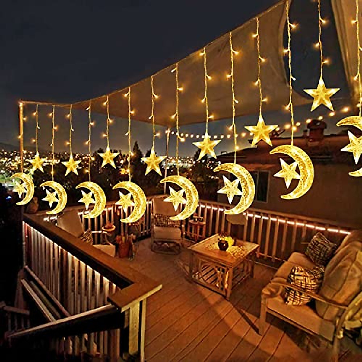 Janchs Solar String Lights Outdoor Ramadan Eid Decorations, 8 Modes Waterproof 138LED Solar Powered Star Moon Curtain Lights Window Fairy Lights for Backyard Garden Patio Home Christmas Ramadan Decor