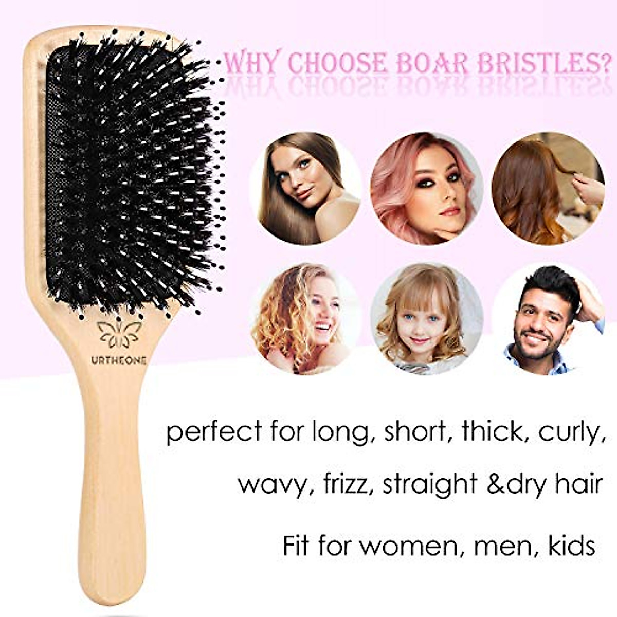 Hair Brush Boar Bristle Hairbrush for Thick Curly Thin Long Short Wet or Dry Hair Adds Shine and Makes Hair Smooth, Best Paddle Hair Brush for Men Women Kids