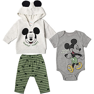 Disney Mickey Mouse Infant Baby Boys or Girls 3 Piece Outfit Set: Pants Hoodie Bodysuit Grey/White 18 Months