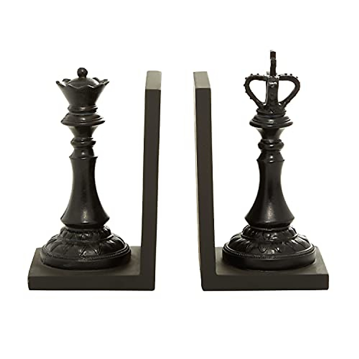 Deco 79 Resin Chess Bookends with King and Queen, Set of 2 5"W, 8"H, Black