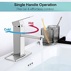 Herogo Brushed Nickel Bathroom Faucet, Stainless Steel Bathroom Sink Faucets with Brass Pop-up Sink Drain Stopper & Deck Plate 1 or 3 Hole, Single Handle RV Lavatory Faucet with 2 Water Hoses